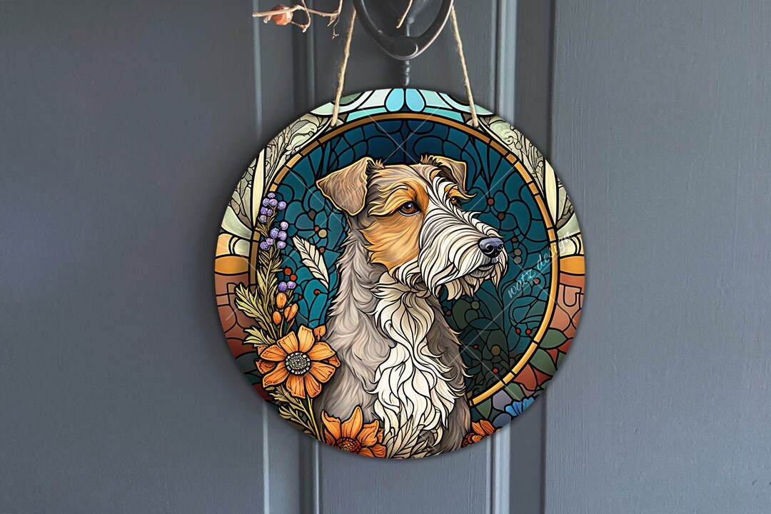Faux Stained Glass Wire Fox Terrier Sign, Round Vintage Foxie Sign for ...