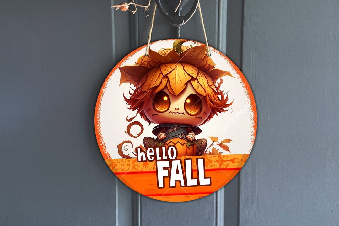 Watercolor Pumpkin Chibi Character Door Hanger, Cute Fairy Autumn ...