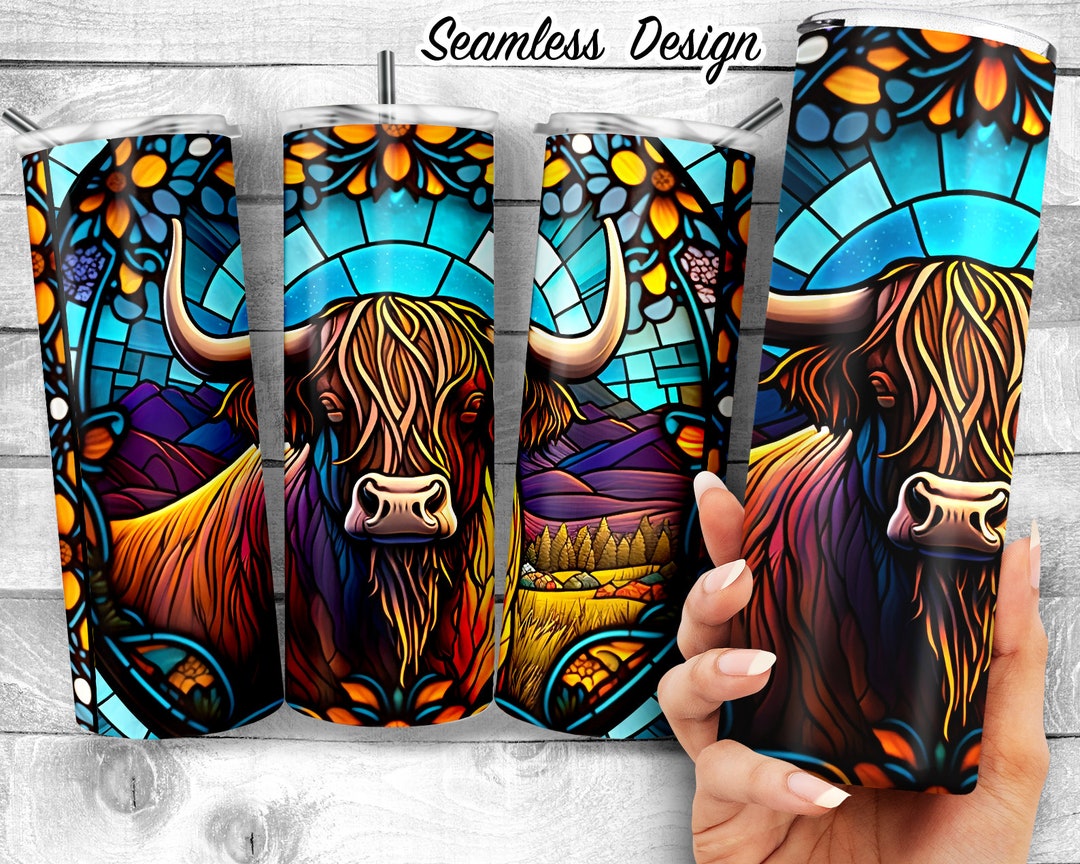 Faux Stain Glass Highland Cow 20oz Skinny Tumbler Design, Vintage Stain ...