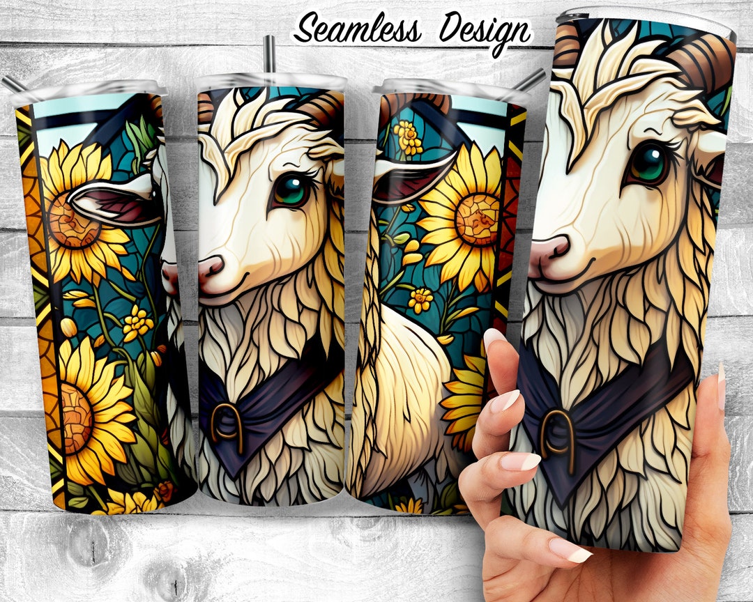 Faux Stained Glass Sunflower Goat 20 Oz Skinny Tumbler, Cartoon Goat ...