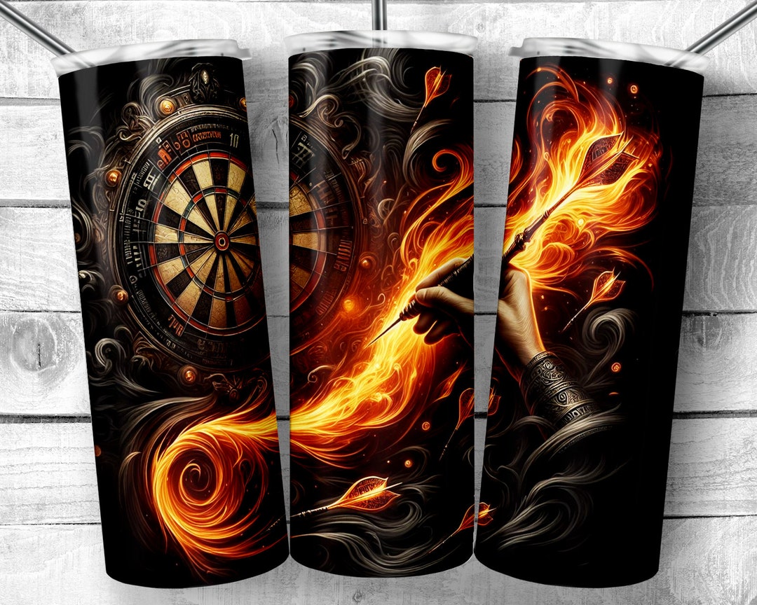 Flaming Dart Board 20oz Skinny Tumbler Sublimation Design, Fiery ...