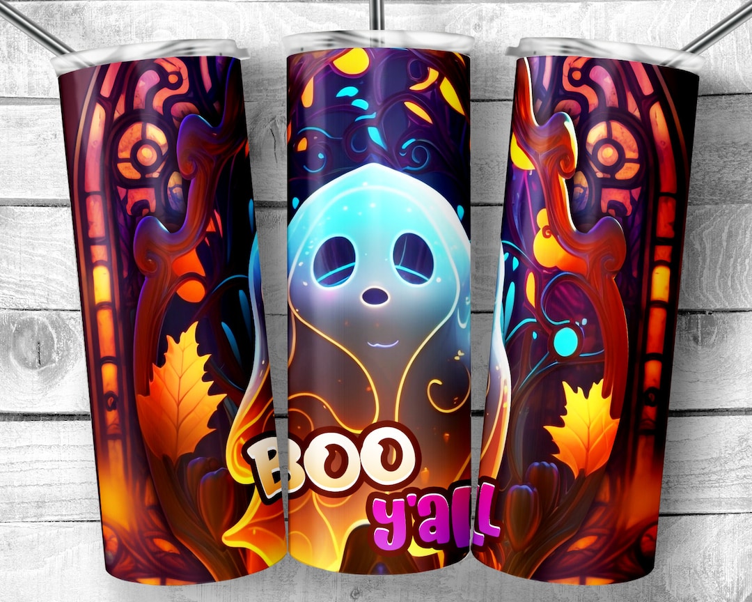 Boo Y'all Ghost 20oz Skinny Tumbler Design, Cute Spirit in Fall Leaves ...