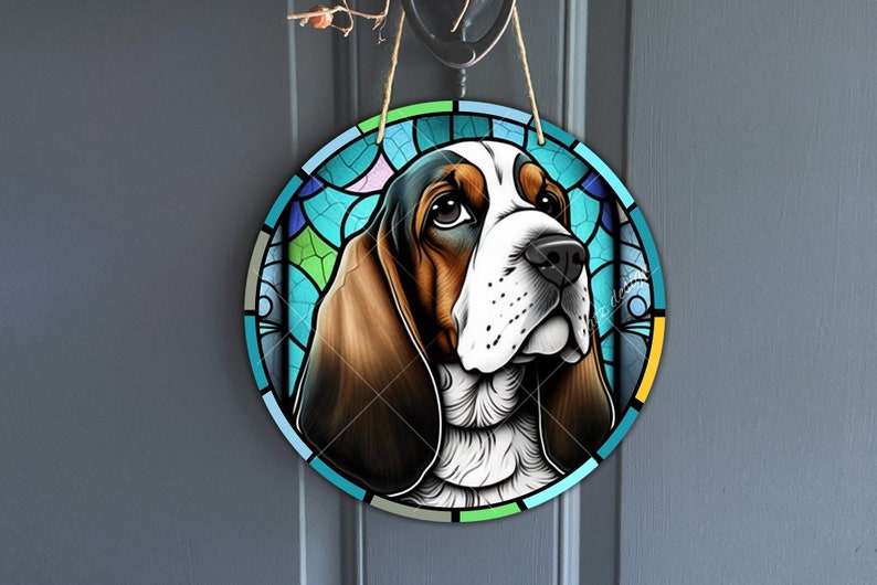 Faux Stained Glass Cartoon Basset Hound Sign, Round Chibi Basset Sign ...