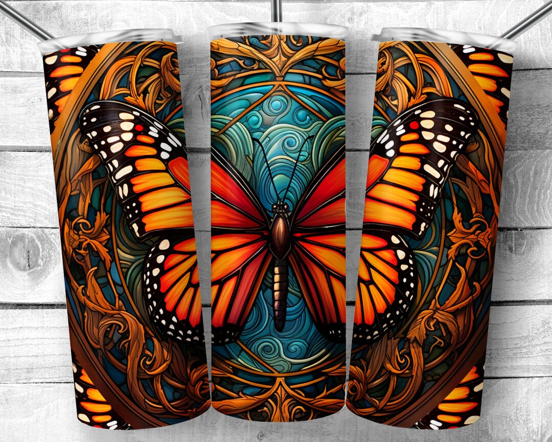 Monarch Butterfly Faux Stained Glass 20oz Skinny Tumbler Design ...