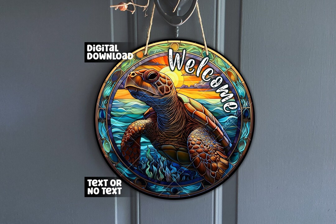 Faux Stained Glass Sea Turtle Round Sign for Wreaths, Marine Turtle ...