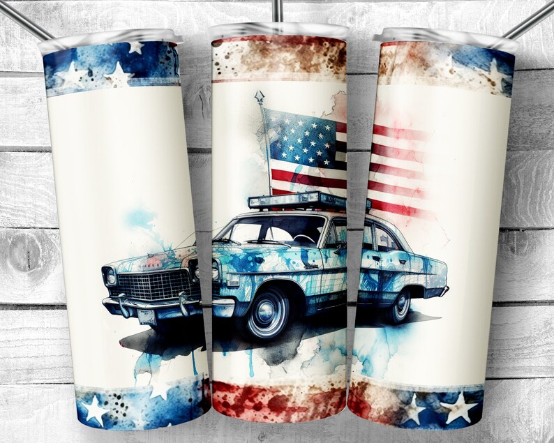 Police Car With American Flag Watercolor Pattern 20oz Skinny - Etsy