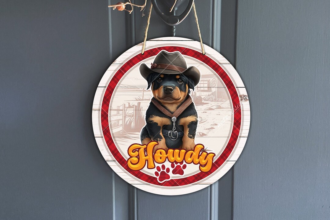 Cartoon Rottweiler Wearing Cowboy Hat Howdy Sign, Round Cute Rottie ...
