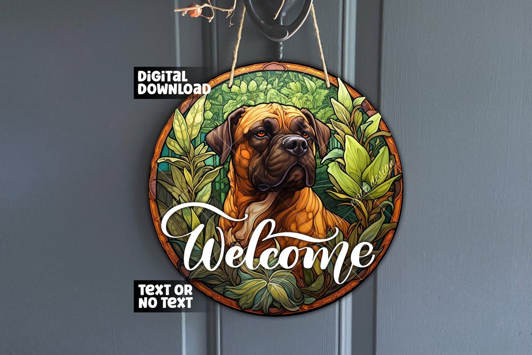 Faux Stained Glass Bull Mastiff Sign, Round Vintage Gentle Giant Sign ...