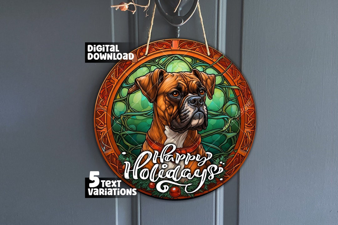 Christmas Faux Stained Glass Boxer Sign, Round German Boxer Hound Sign ...