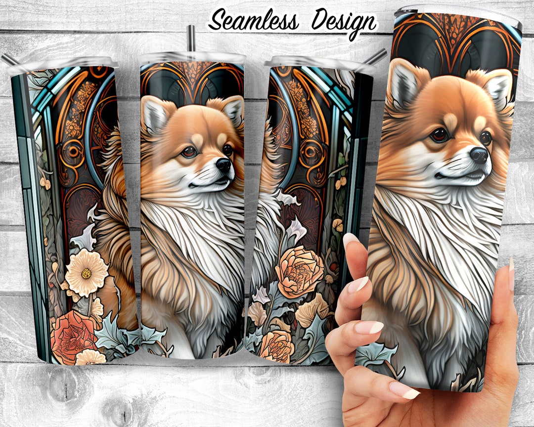 Pomeranian Stained Glass 20oz Skinny Tumbler Design, Pom Ornate Stain ...