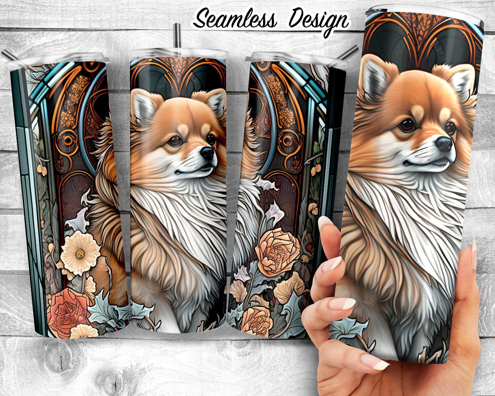 Pomeranian Stained Glass 20oz Skinny Tumbler Design, Pom Ornate Stain ...