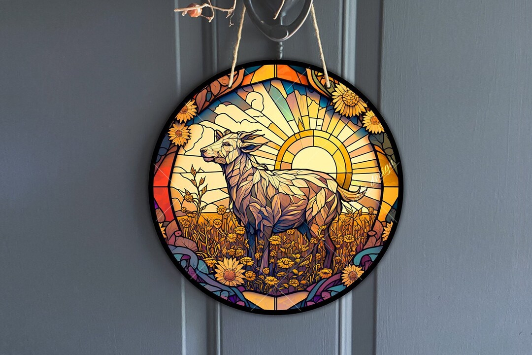 Faux Stained Glass Farm Goat Sign, Round Vintage Sunflower Goat Wreath ...
