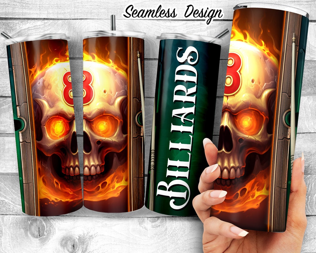 Flaming Skull Eight Ball Billiards 20 Oz Skinny Tumbler Sublimation ...