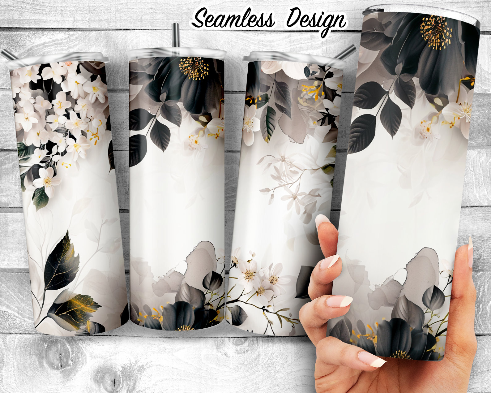 Black and Bronze Floral 20oz Skinny Tumbler Sublimation Design ...