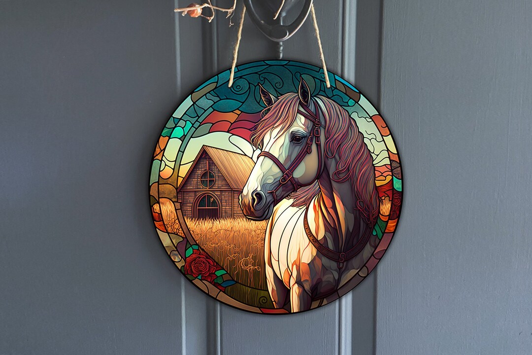 Faux Stained Glass Horse Sign, Vintage Horse With Brown Bard Sign for ...