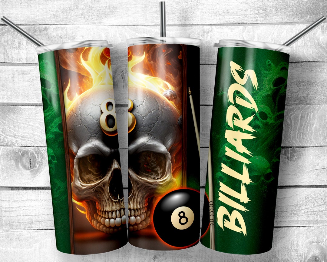 Flaming Skull Eight Ball Billiards 20 Oz Skinny Tumbler Sublimation ...