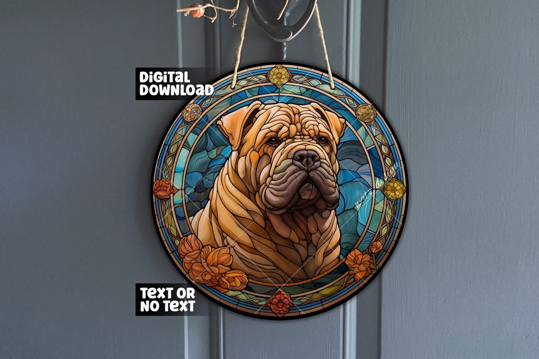 Faux Stained Glass Chinese Shar-pei Sign, Round Vintage Chinese Wrinkle ...