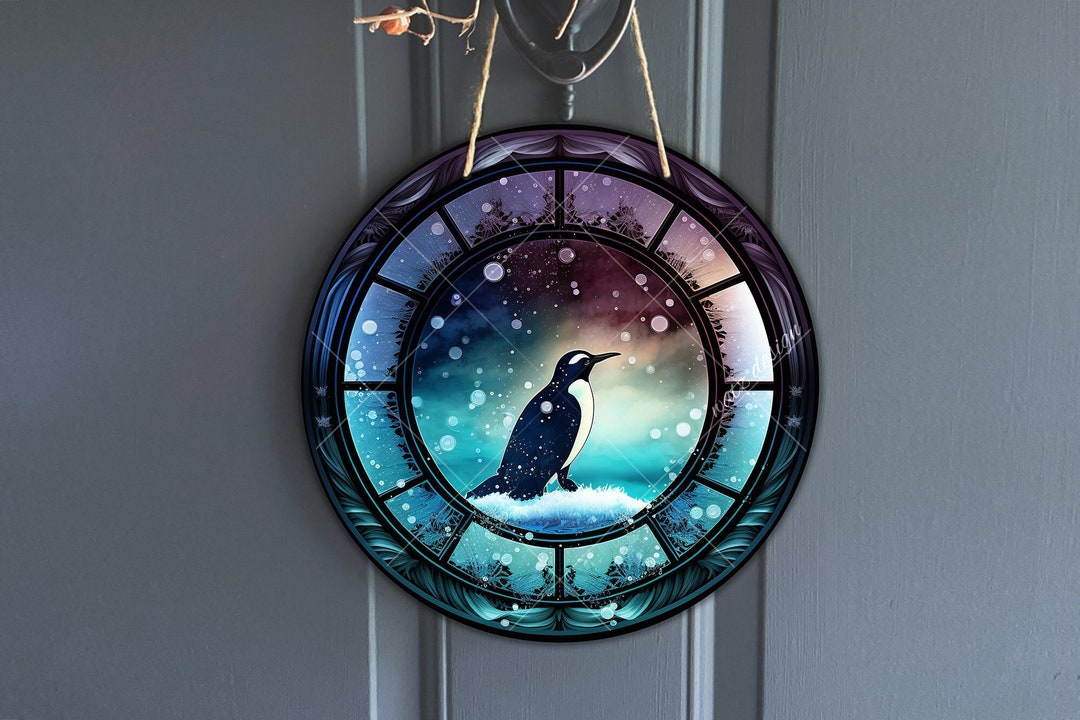 Faux Stained Penguin Sign, Antarctic Bird With Aurora Borealis ...