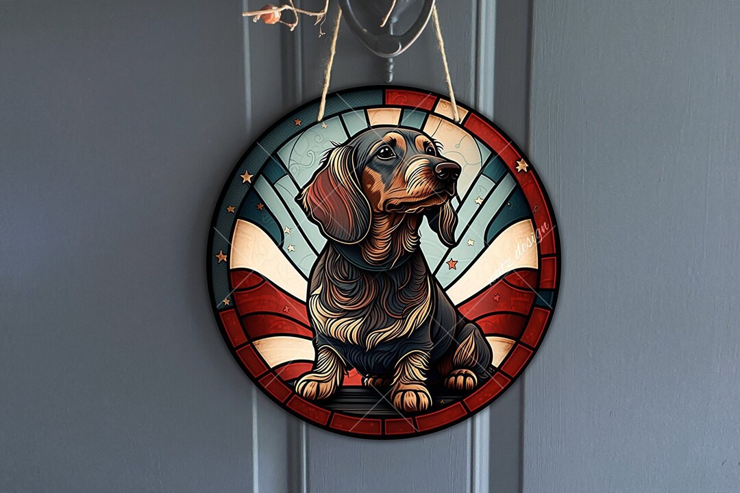 Faux Stained Glass Dachshund Sign, Round Vintage Doxie Sign for Wreaths ...