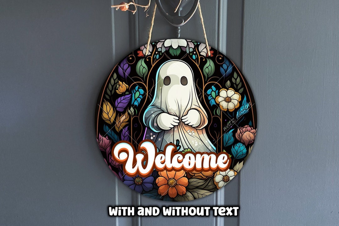 Welcome Ghost Character on Floral Faux Stained Glass Door Hanger, Cute ...