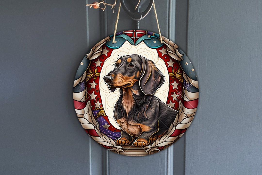 Faux Stained Glass Dachshund Sign, Round Vintage Doxie Sign for Wreaths ...