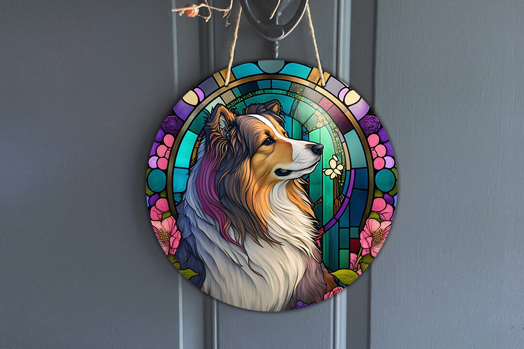 Faux Stained Glass Rough Collie Sign, Round Vintage Scottish Collie ...