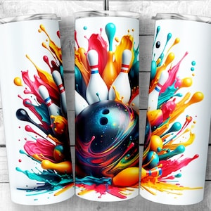 Colorful Bowling Ball and Pins 20 Oz Skinny Tumbler Sublimation Design ...