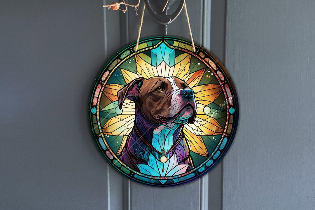 Faux Stained Glass Pitbull Sign, Round Vintage American Pitbull ...
