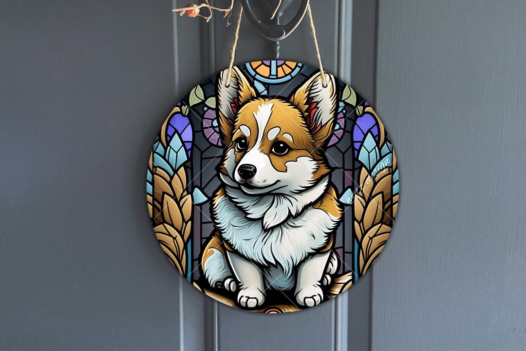 Faux Stained Glass Chibi Corgi Sign, Round Cartoon Corgi Sign for ...