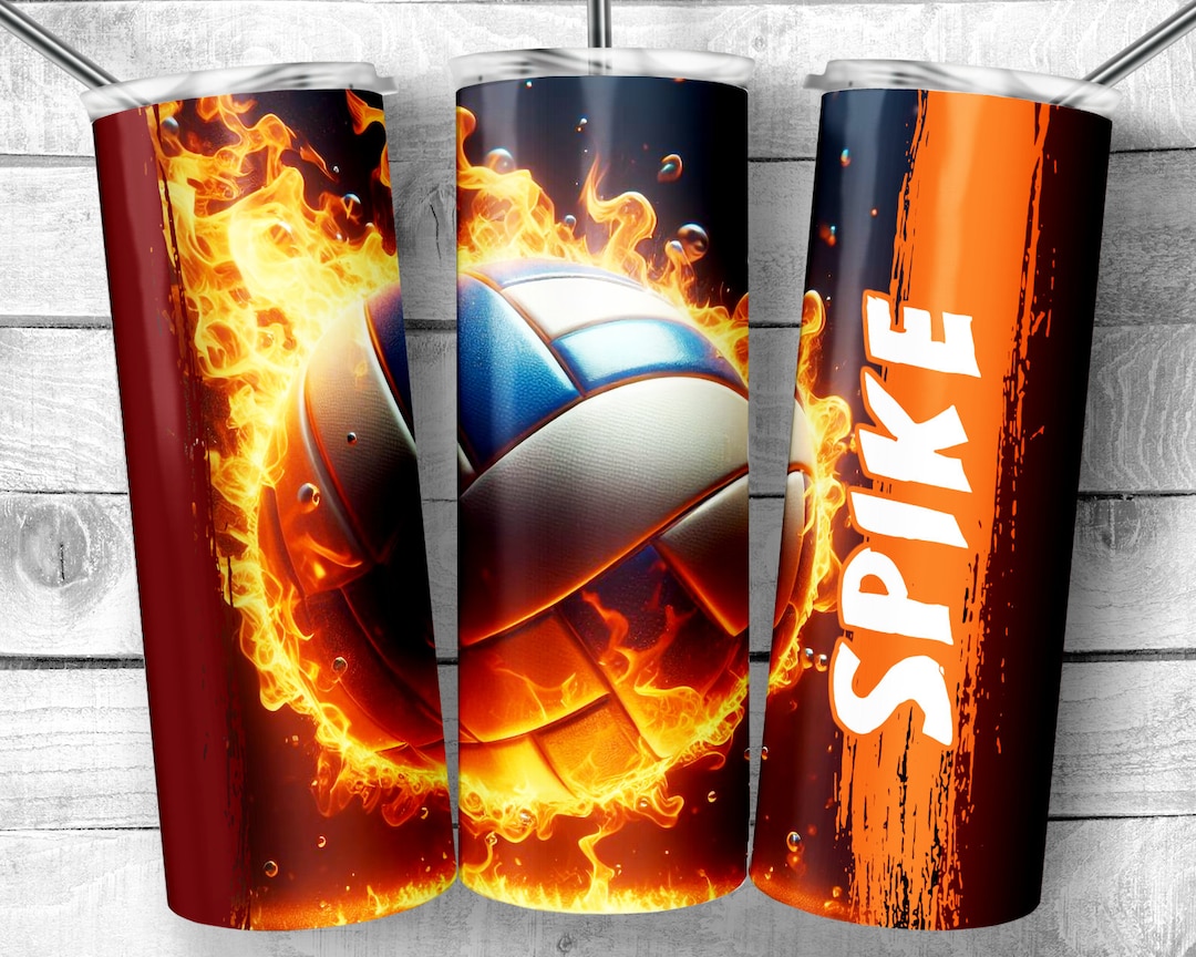 Flaming Spike Volleyball 20 Oz Skinny Tumbler Sublimation Design, Fiery ...