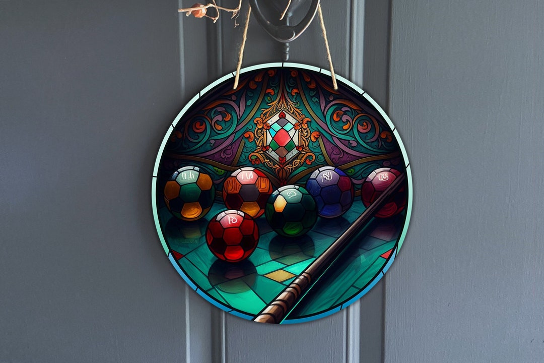 Vintage Faux Stained Glass Billiards Design, Colorful Snooker Balls and ...