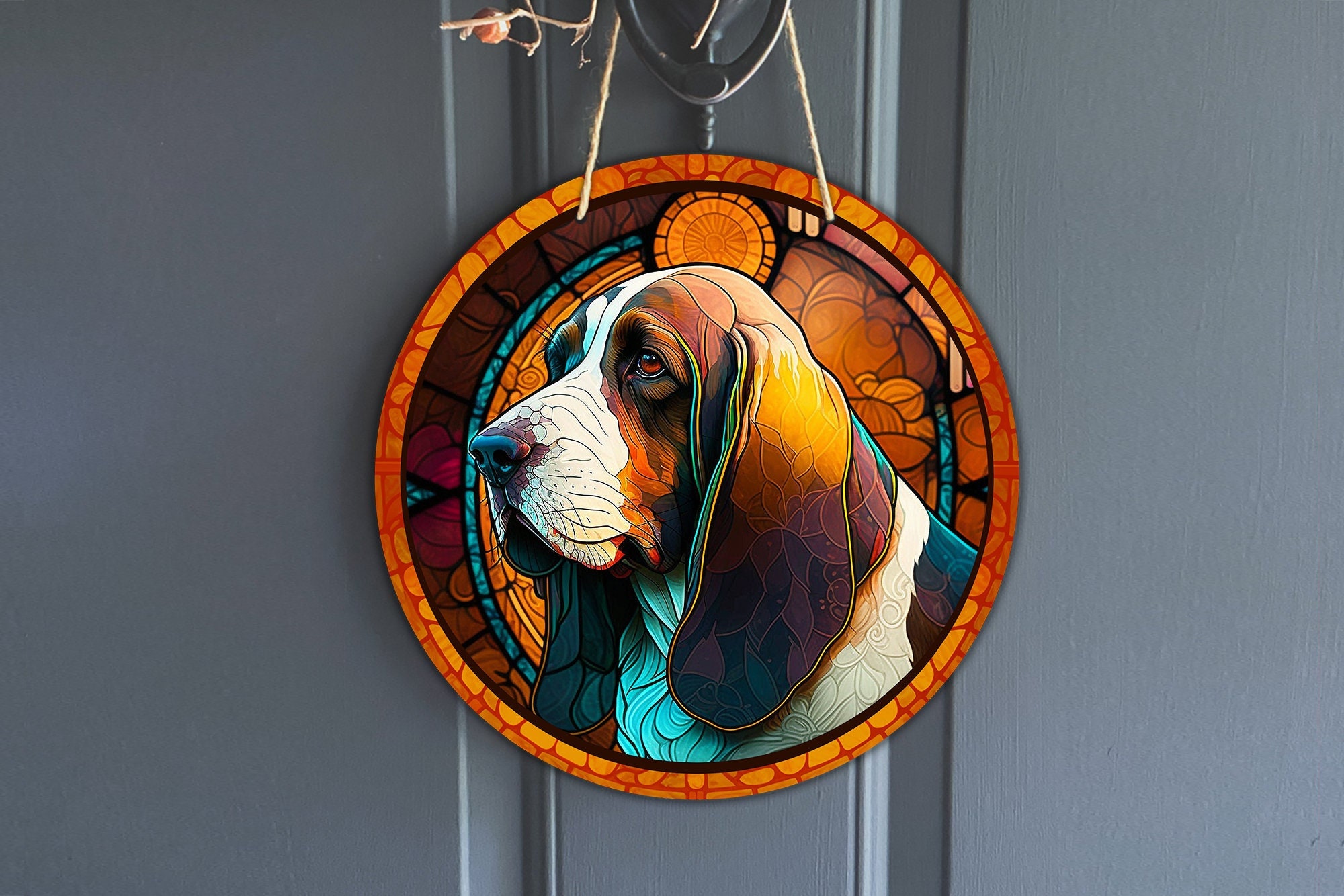 Faux Stained Glass Basset Hound Sign, Round Vintage Basset Sign for ...
