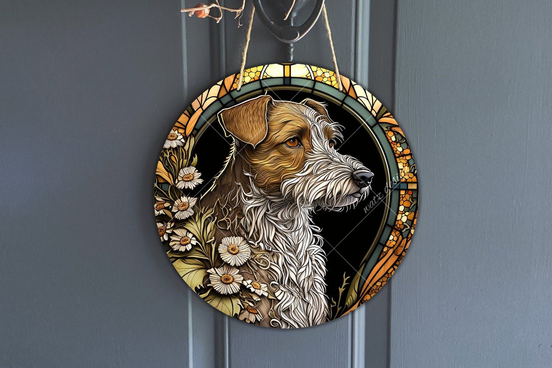 Faux Stained Glass Wire Fox Terrier Sign, Round Vintage Foxie Sign for ...