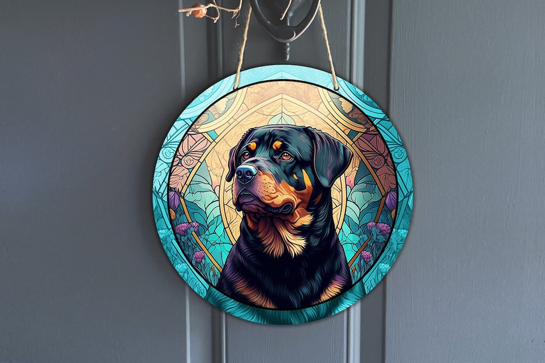 Faux Stained Glass Rottweiler Sign, Round Vintage Rottie Decor for ...