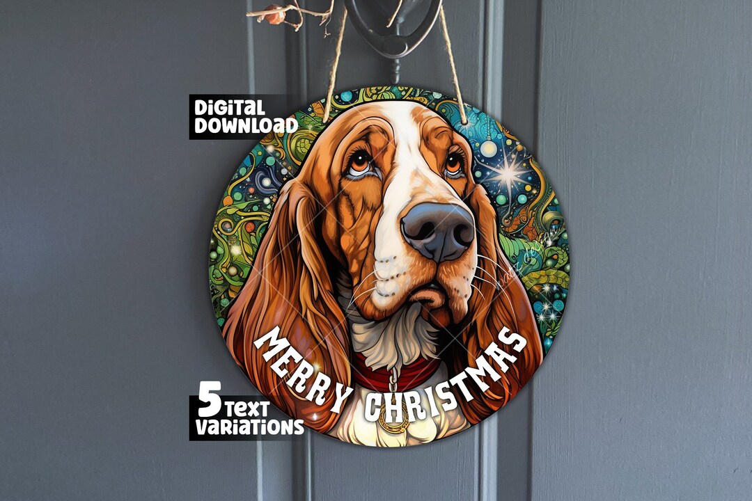 Christmas Faux Stained Glass Bassett Hound, Round Basset Sign for ...