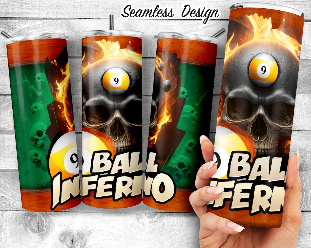 Flaming Skull Nine Ball Billiards 20oz Skinny Tumbler Sublimation ...