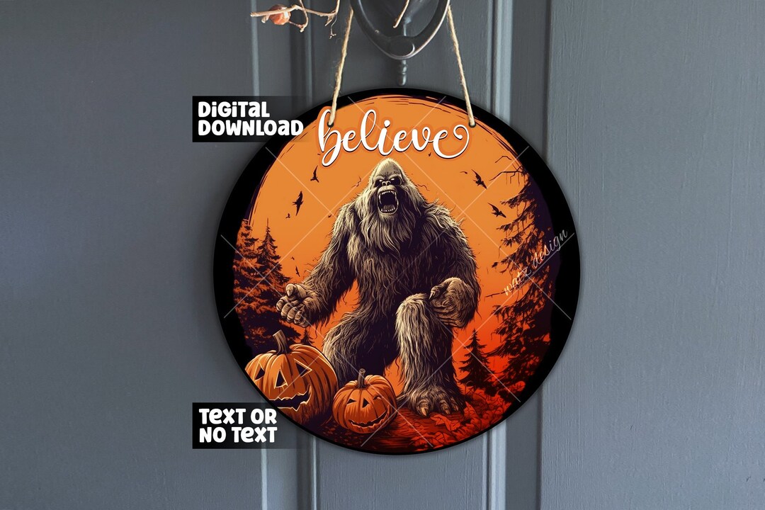 Halloween Bigfoot With Pumpkins Door Hanger - Orange Sasquatch Haunted ...