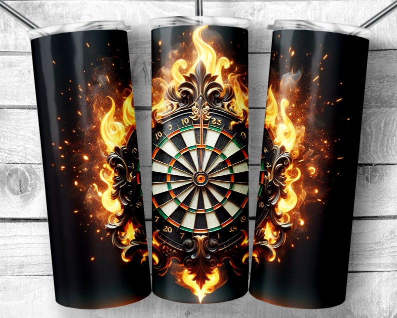 Flaming Dart Board 20 Oz Skinny Tumbler Sublimation Design, Fiery ...