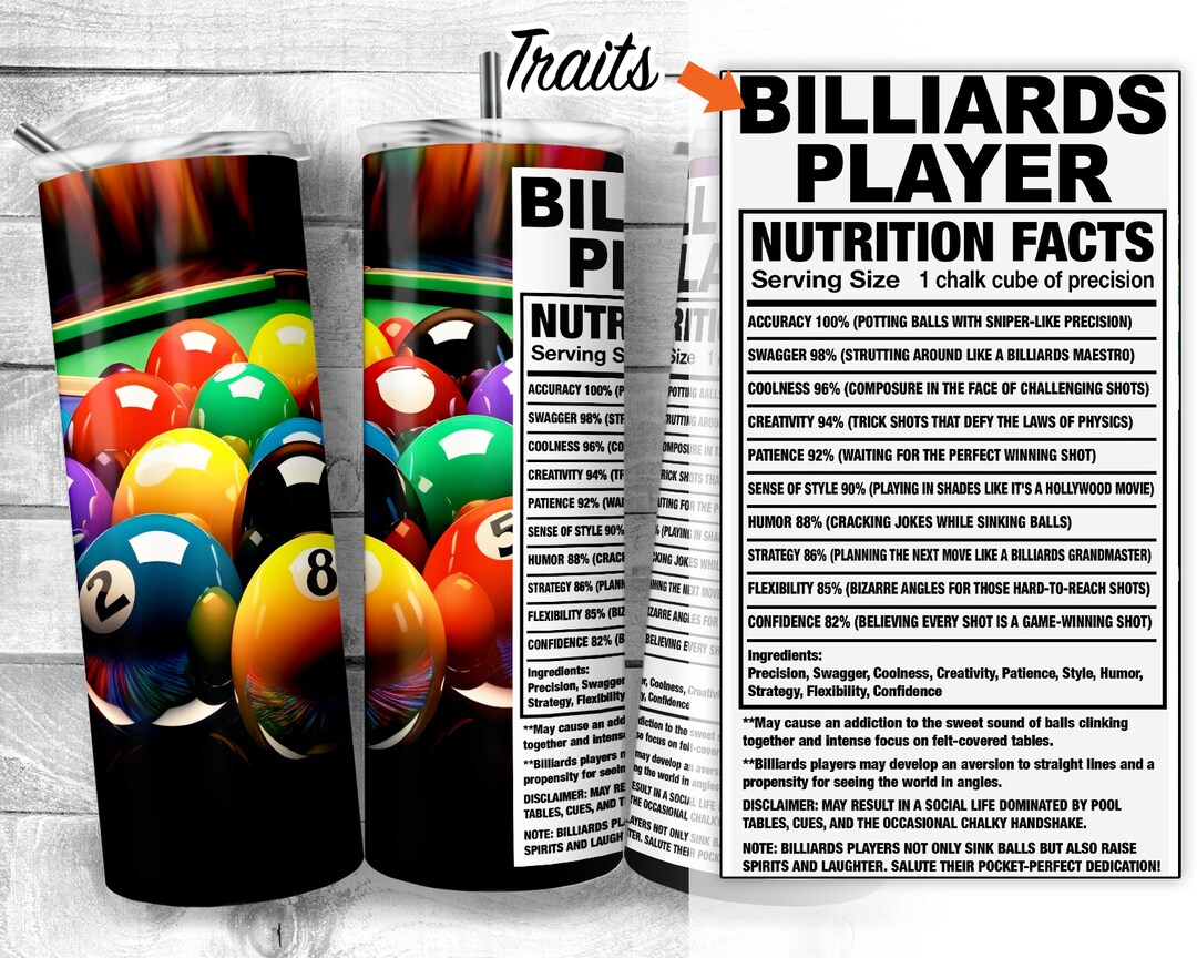 Billiards Player 20oz Skinny Tumbler Design, Pool Lover Facts and ...