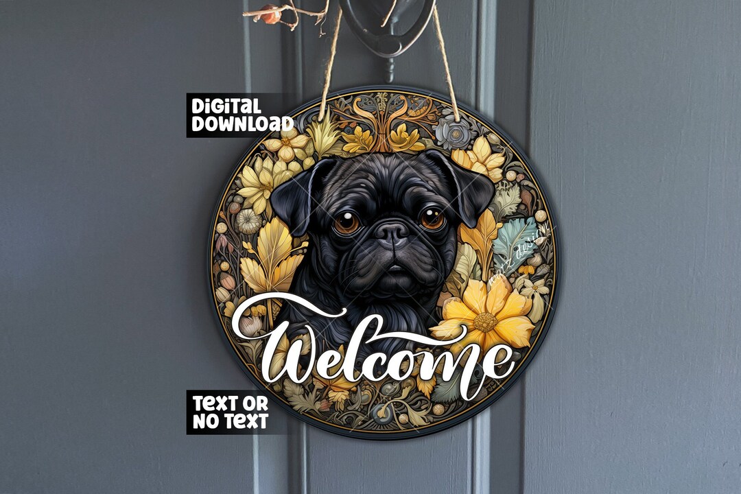 Black Pug Faux Stained Glass Sign, Pug in Flowers Sign for Wreaths ...