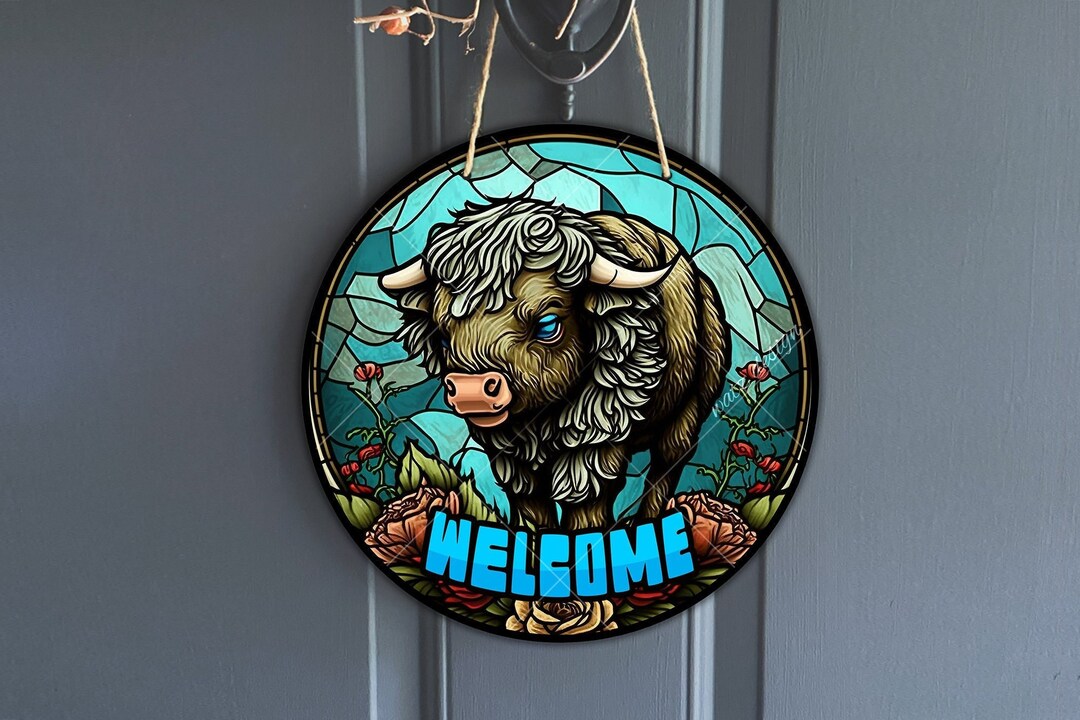 Faux Stained Glass Cartoon Buffalo Flower Sign, Round Kawaii Bison With ...