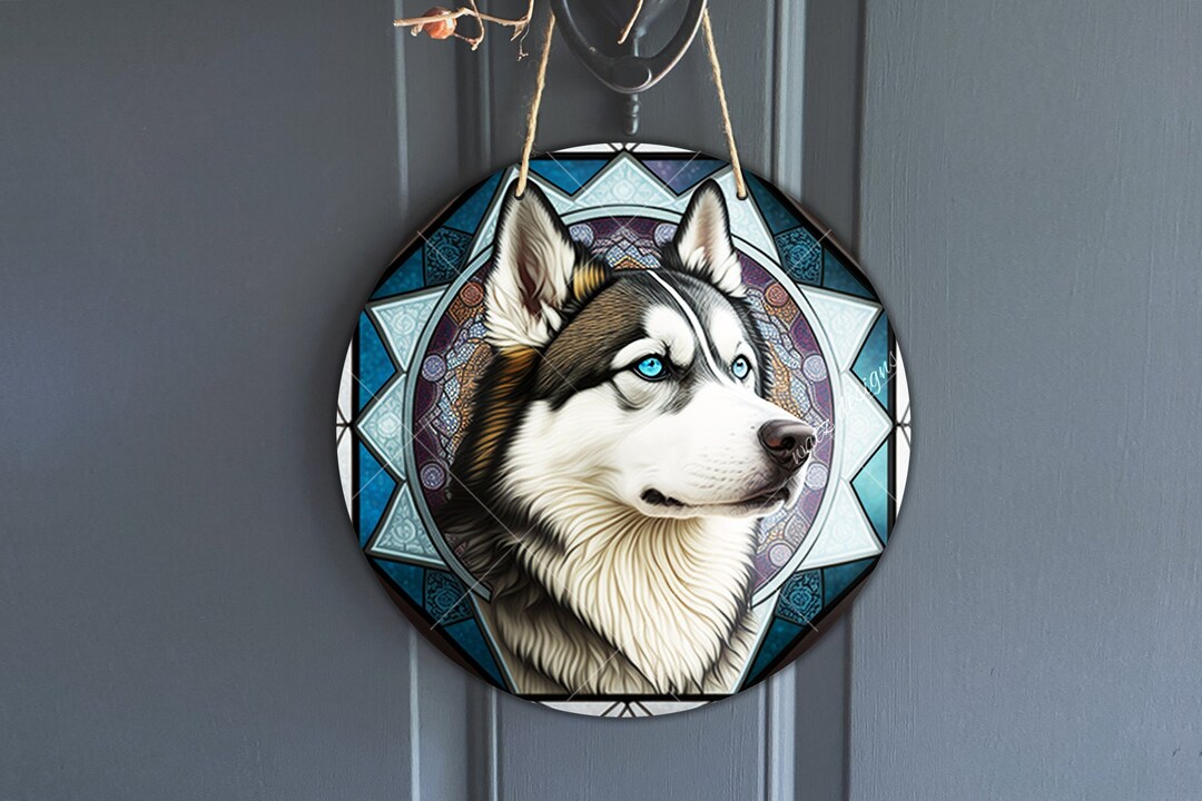 Faux Stained Glass Husky Sign, Round Vintage Snow Dog Sign for Wreaths ...