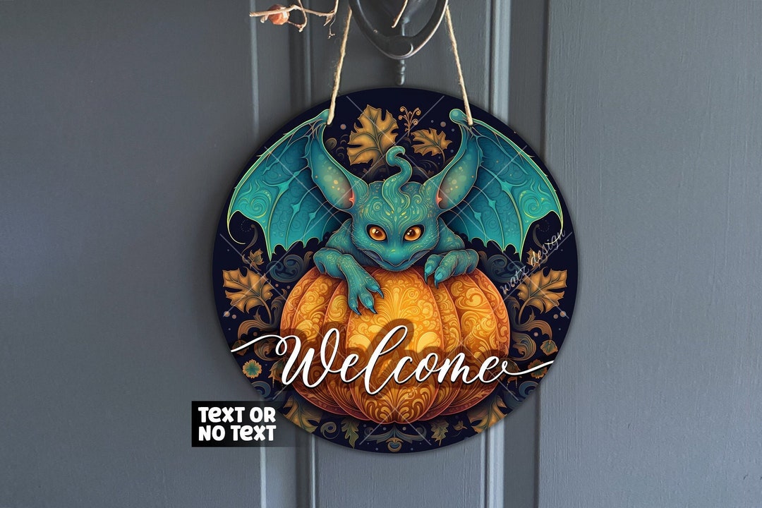 Welcome Cute Bat With Pumpkin Halloween Door Hanger, Blue Chibi Vampire ...