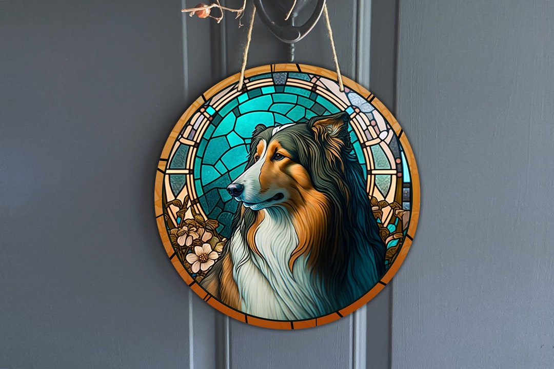 Faux Stained Glass Rough Collie Sign, Round Vintage Scottish Collie ...