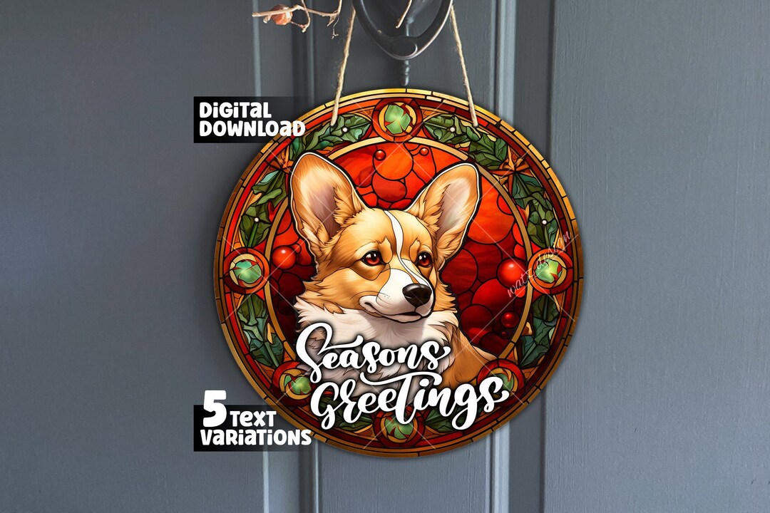 Christmas Faux Stained Glass Corgi Sign, Round Corgi Sign for Wreath ...
