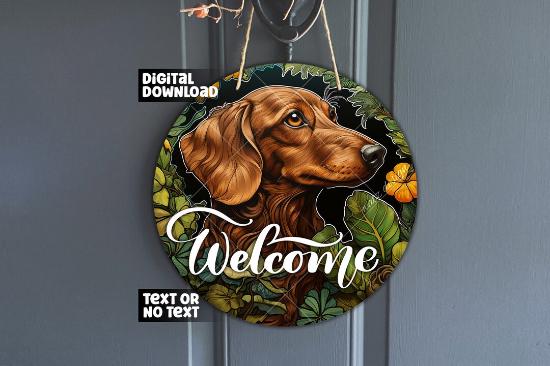 Faux Stained Glass Dachshund Sign, Round Vintage Brown Doxie Sign for ...