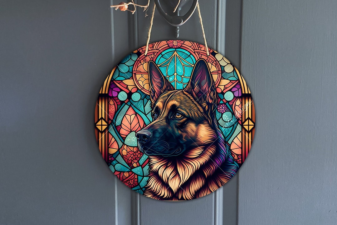 Faux Stained Glass German Shepard Sign, Round Vintage Alsatian Sign for ...