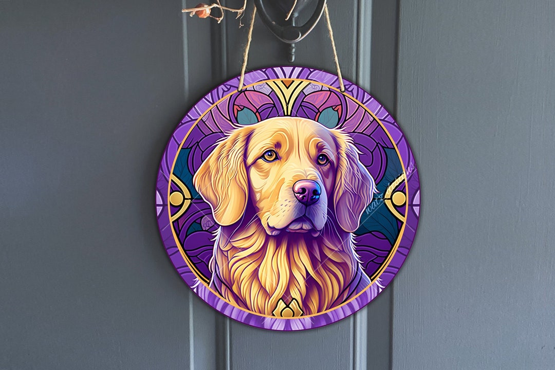 Faux Stained Golden Retriever Sign, Round Vintage Goldie Dog Sign for ...
