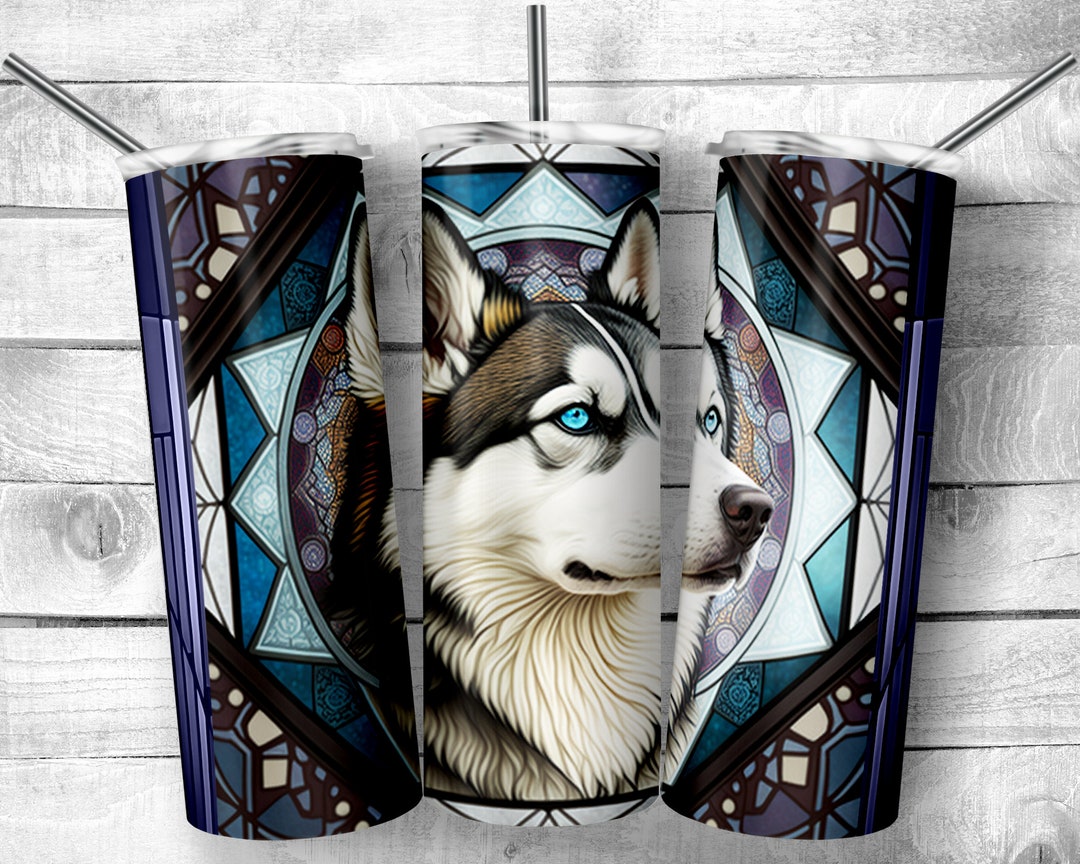 Husky Stained Glass 20oz Skinny Tumbler Design, Eskimo Dog Ornate Stain ...
