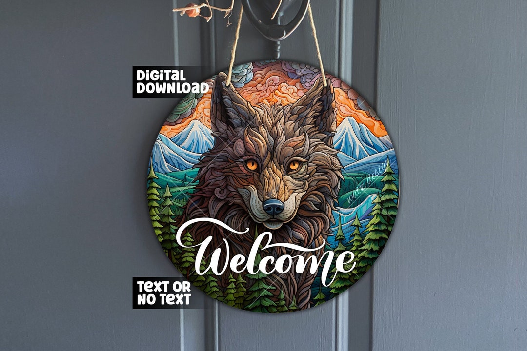 Faux Stained Glass Wolf Sign, Round Timberwolf in Mountains Sign for ...